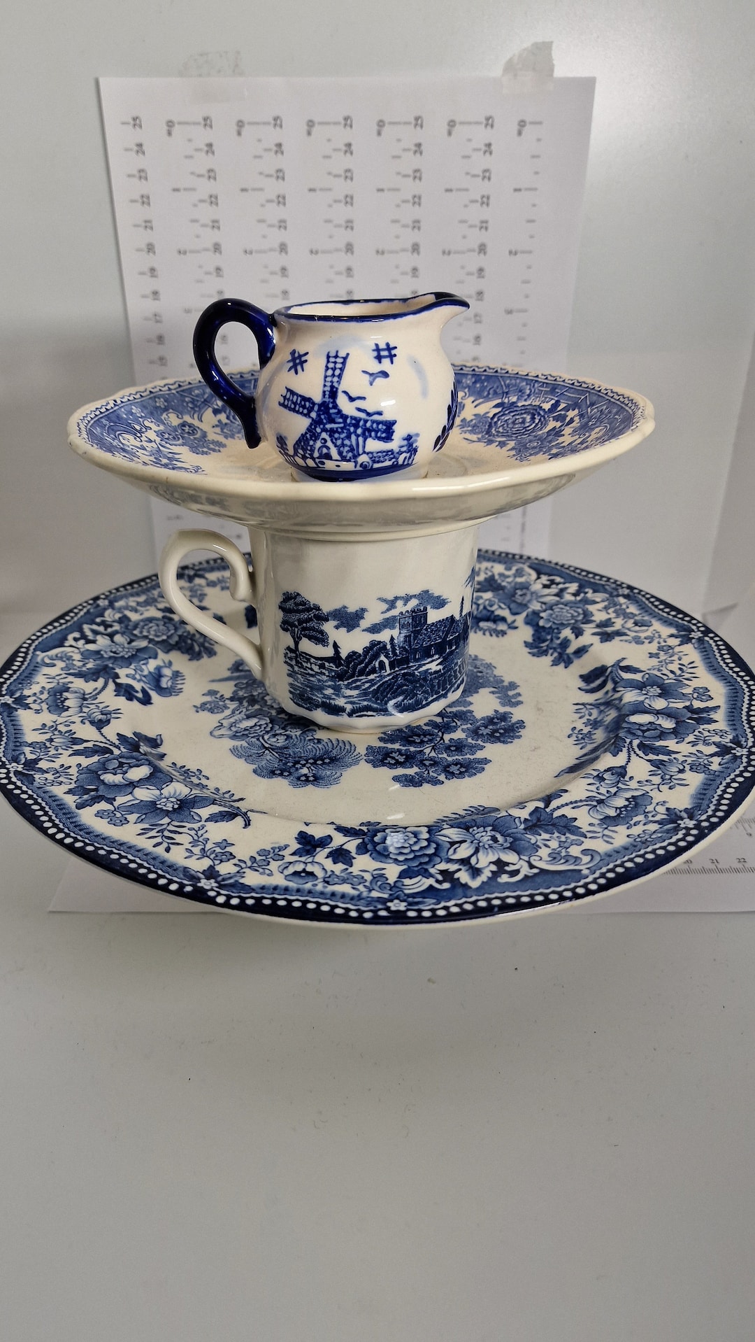 Vintage Porcelain Glued Set of Three Blue & White Tea Cups and Two ...