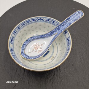 Chinese Rice or Grain Bowl and Spoon With Beautiful Blue, Orange and ...