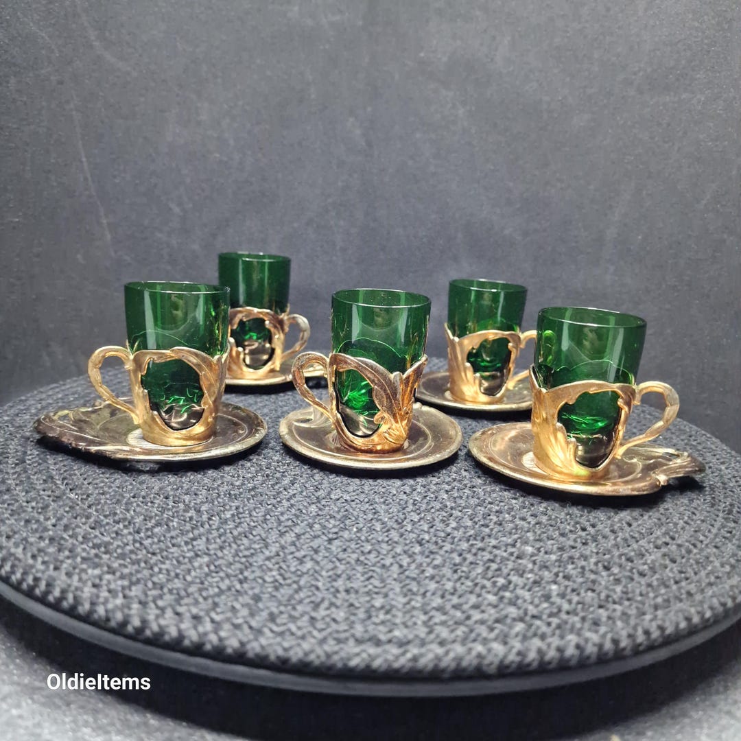 Vintage Green Glass Cups With Metal Holders & Saucers - Set of 5 - Etsy