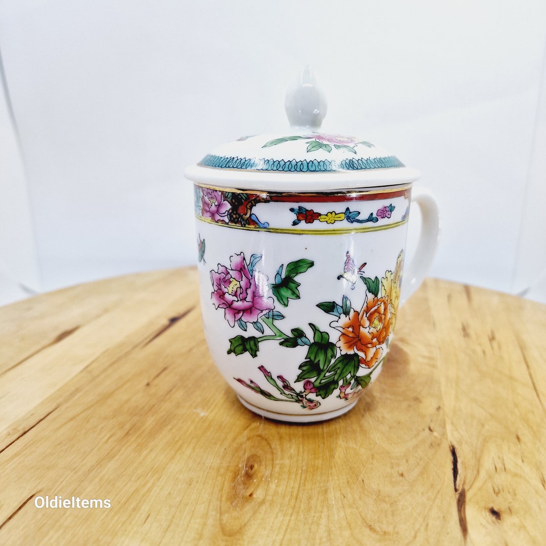 Vintage Chinese Cup With Lid Featuring Floral Design. - Etsy
