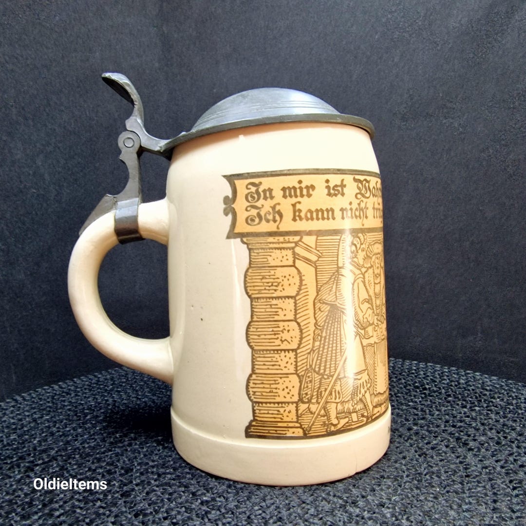 Vintage German Beer Stein: Beige Ceramic Mug With Metallic Lid - Etsy