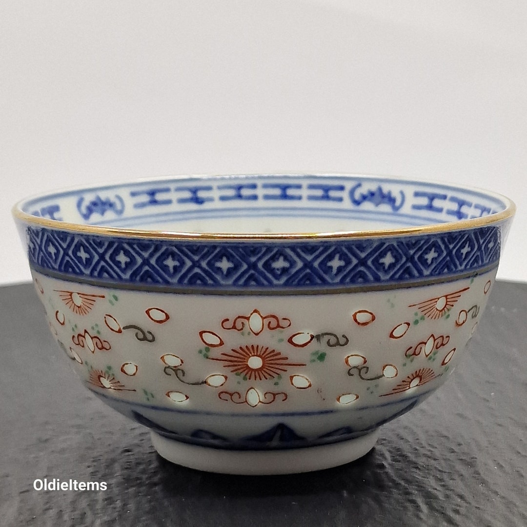 Chinese Rice or Grain Bowl and Spoon With Beautiful Blue, Orange and ...