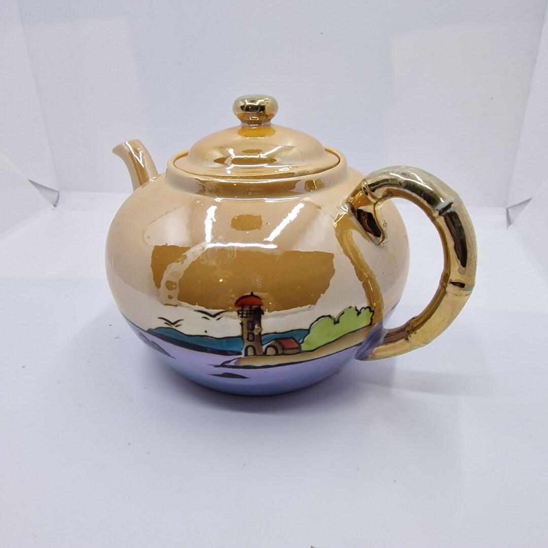 Vintage Chinese Teapot: Gold & Blue Seaside Hand-painted Design - Etsy