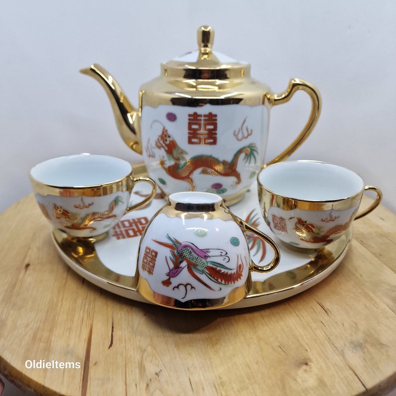 Vintage Chinese Porcelain Tea Set Dragon & Phoenix Motif With Gold ...