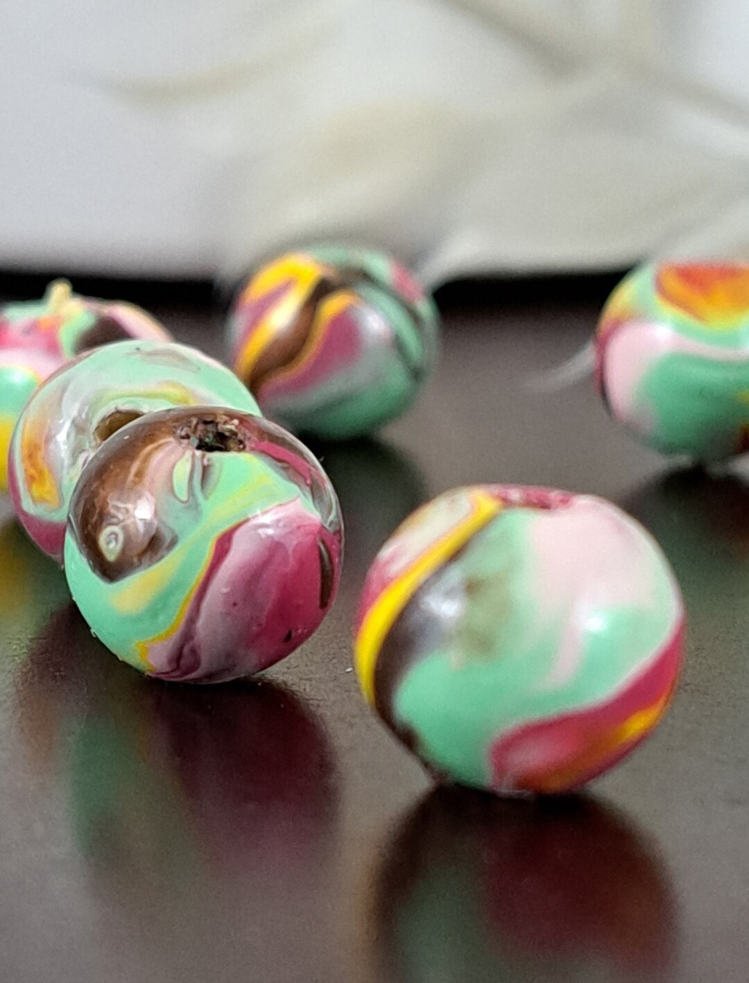 Lotus Flower Beads, Painted Wood Beads Set of 10, Round Beads for ...