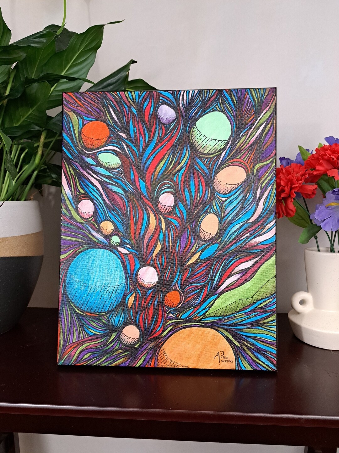 Zentangle Abstract Art Original on Canvas, Colorful Art Ink Painting ...