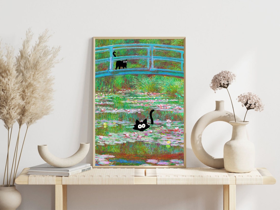 Monet Cat Print Poster, Claude Monet Bridge Over a Pond of Water Lilies ...