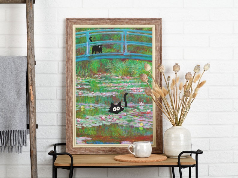 Monet Cat Print Poster, Claude Monet Bridge Over a Pond of Water Lilies ...