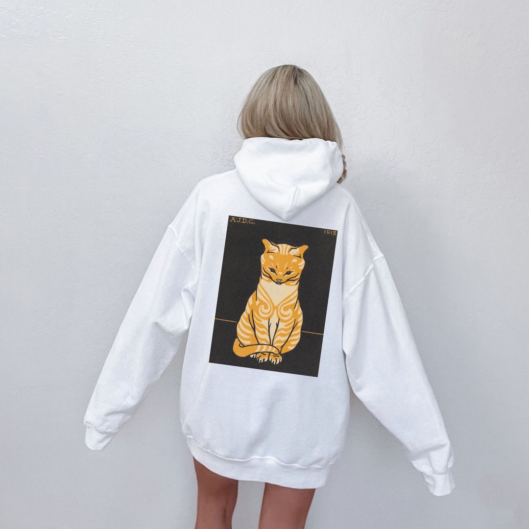 Vintage Sitting Cat Woodcut Print Hoodie, Gift for Cat Lover, Graphic ...