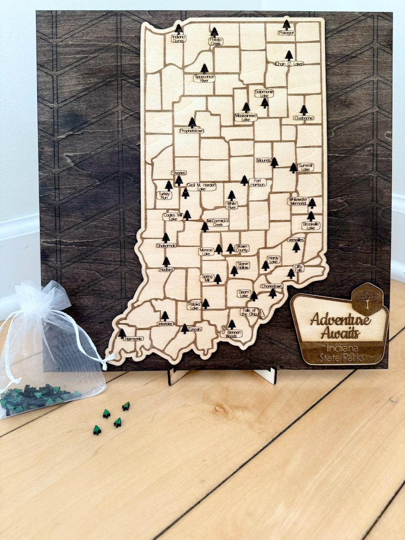 Indiana State Parks Map – Wooden Laser Engraved With Tree Markers ...