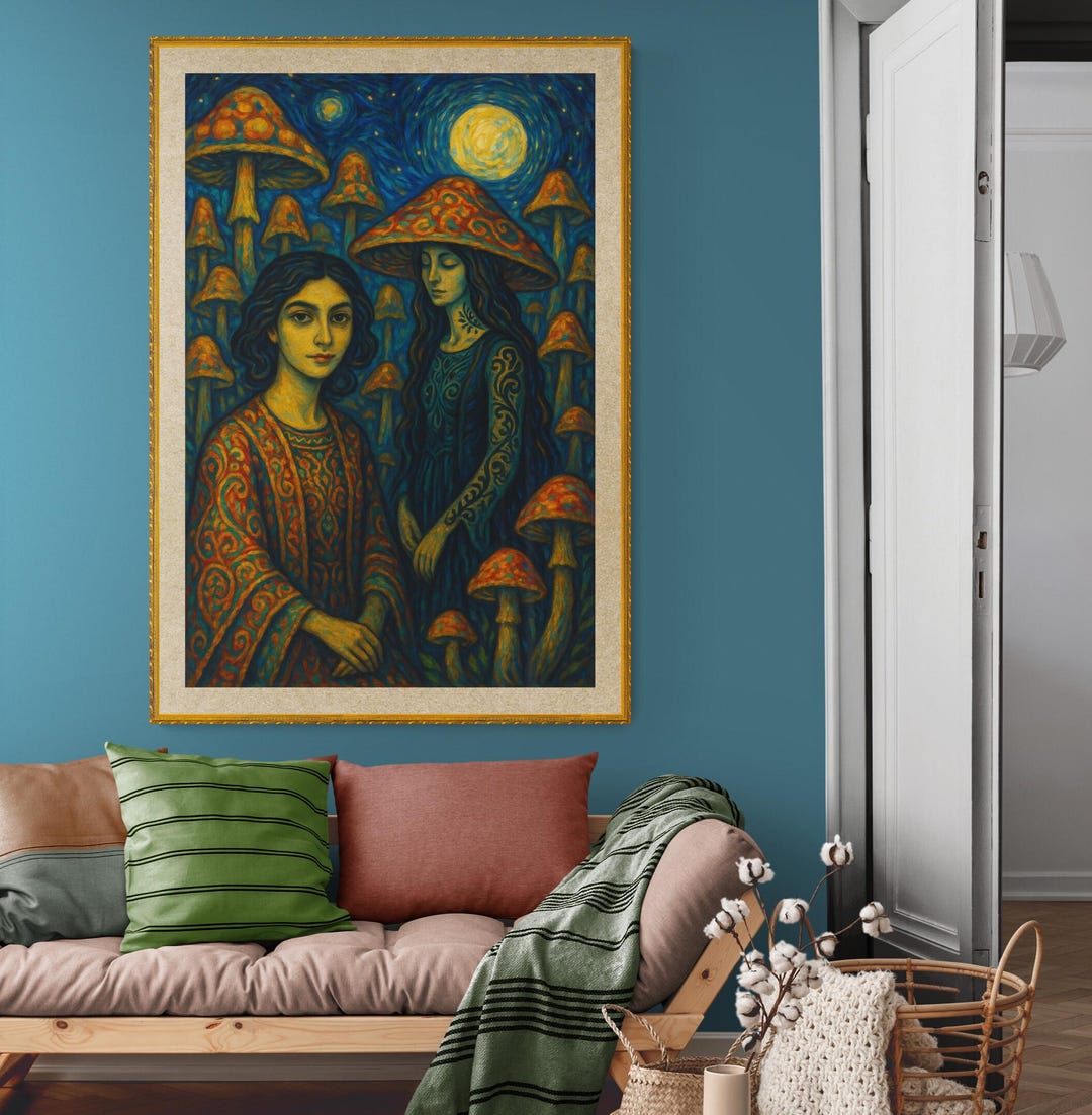 Mushroom Guardians Art Print, Psychedelic Mystical Wall Art, Boho Ether ...