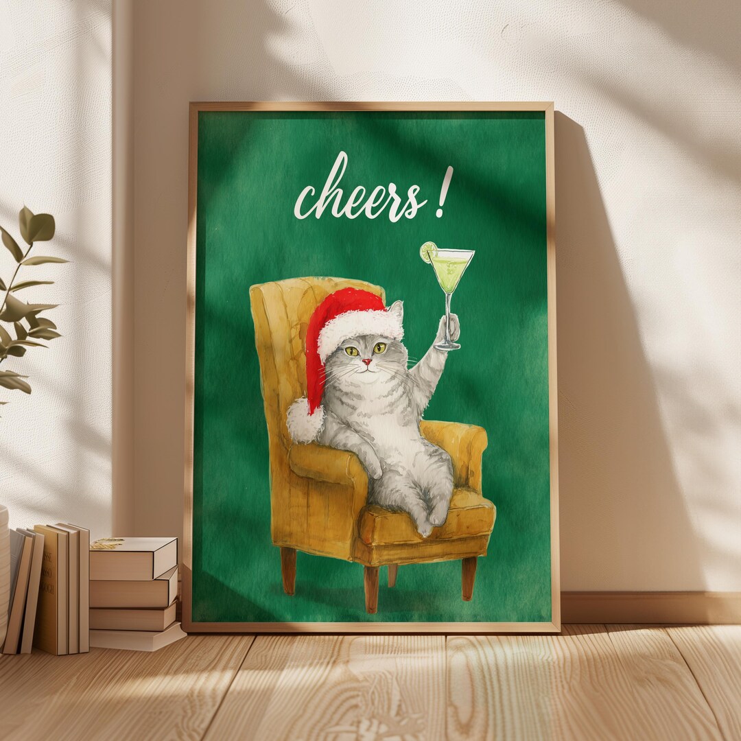 Cheerful Christmas Cat Wall Art, Funny Santa Cat Drinking Poster ...