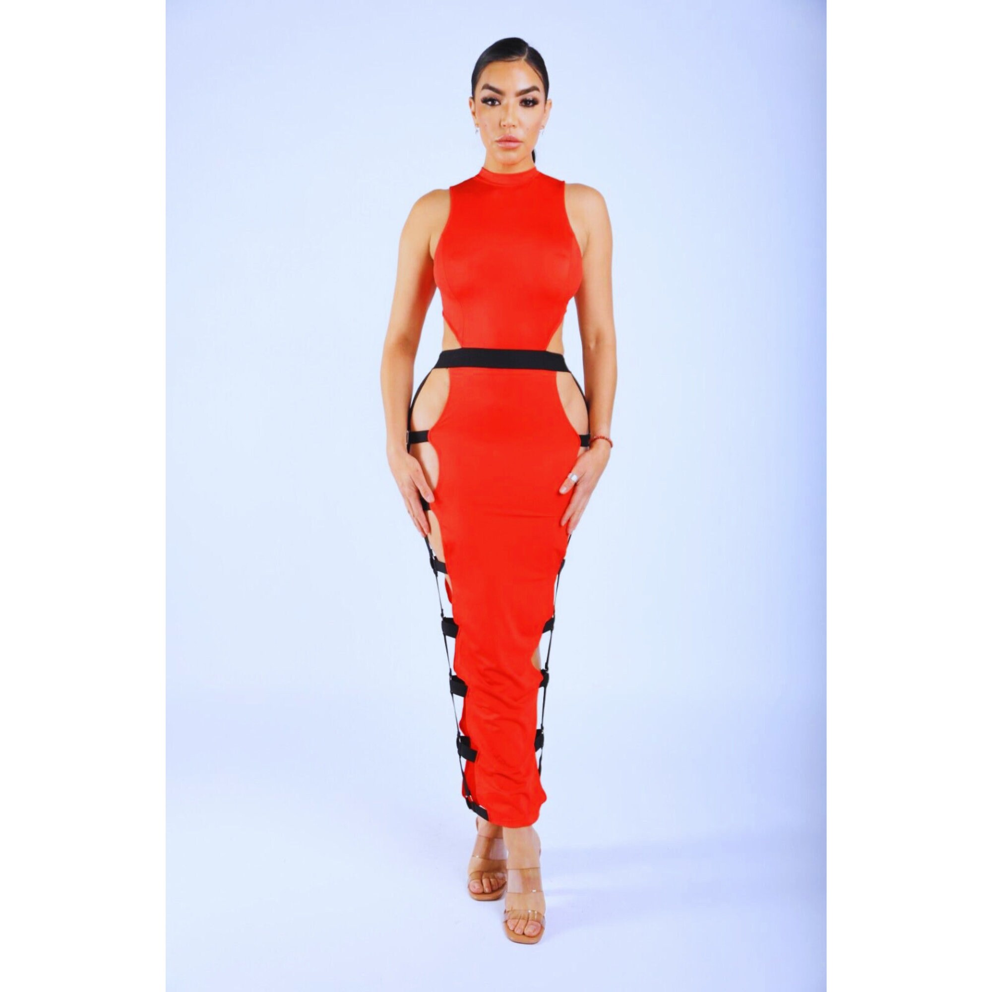 Red Sleeveless Maxi Dress With O-ring Cross Line and Tied Details ...