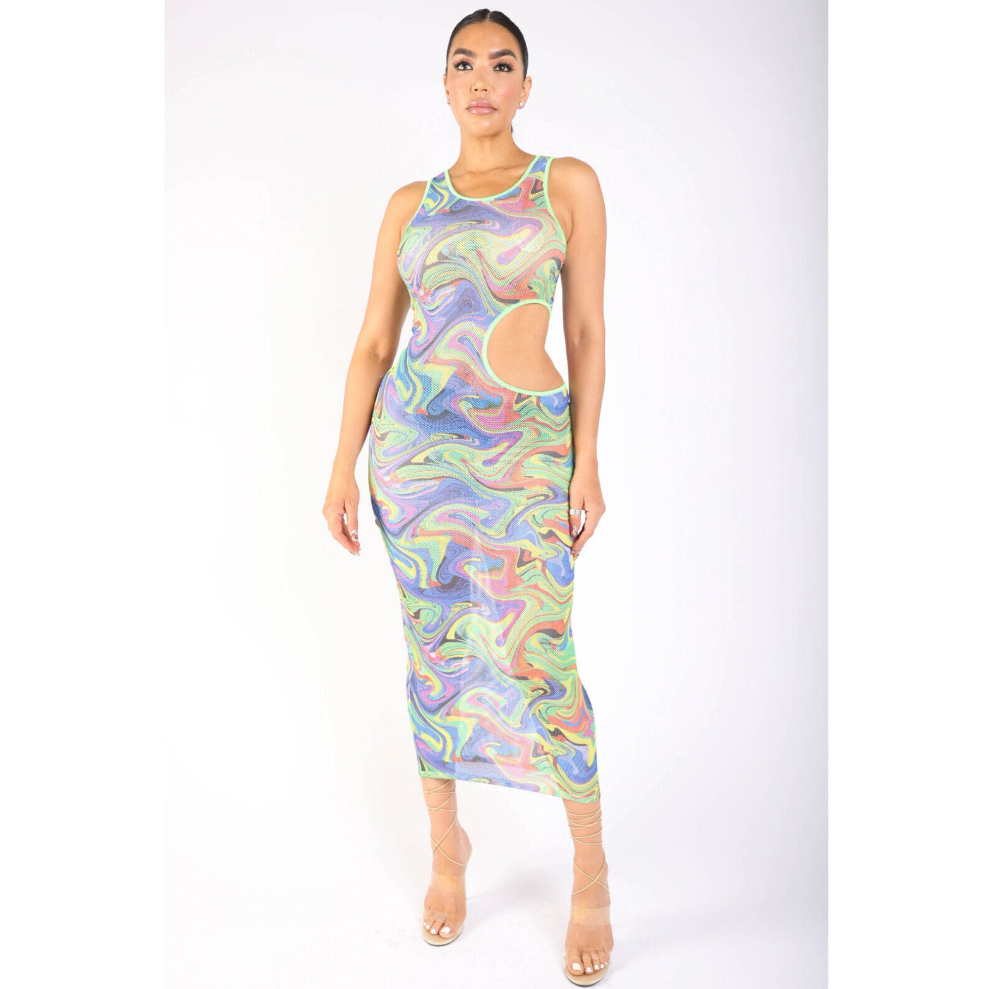 Mesh Dress stunning Marble Print Fishnet Cut-out Midi Bodycon Dress ...