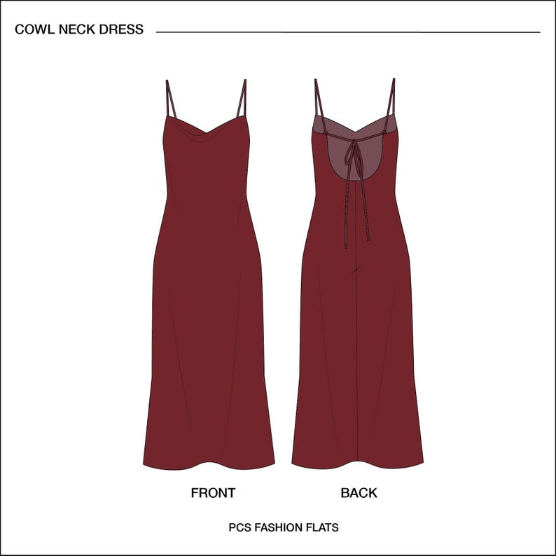 Vector Cowl Neck Dress Mockup for Tech Packs, Slip Dress for Canva and ...