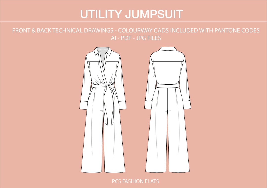 Utility Jumpsuit Ai, Jumpsuit Flat Drawing, Jumpsuit Technical Drawing ...