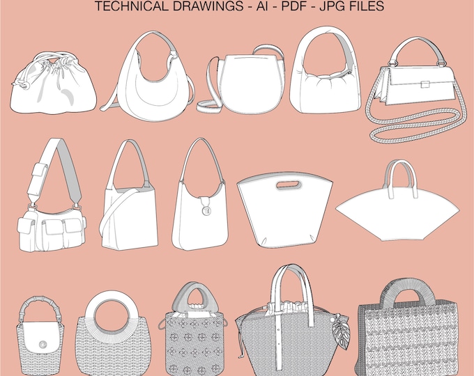 Handbags Ai, Technical Flat Drawing, Shoulder Bag CAD, Illustrator ...
