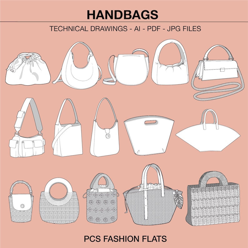 Handbag Technical Drawings: Fashion Flats, AI, PDF, JPG (digital ...