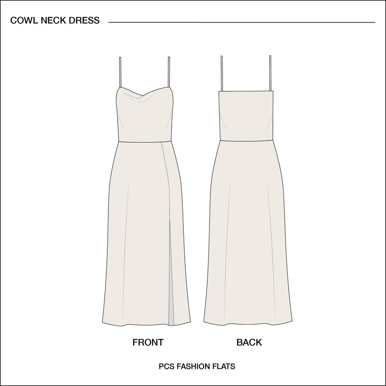 Vector Cowl Neck Dress Mockup for Tech Packs, Slip Dress for Canva and ...