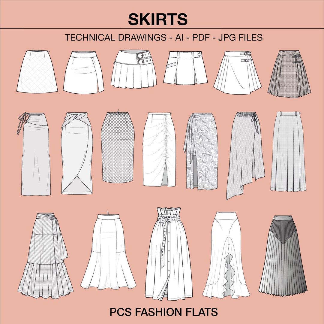 Midi Skirt Drawings, Pleated Skirt CAD, Tube Skirt CAD, Technical Flat ...