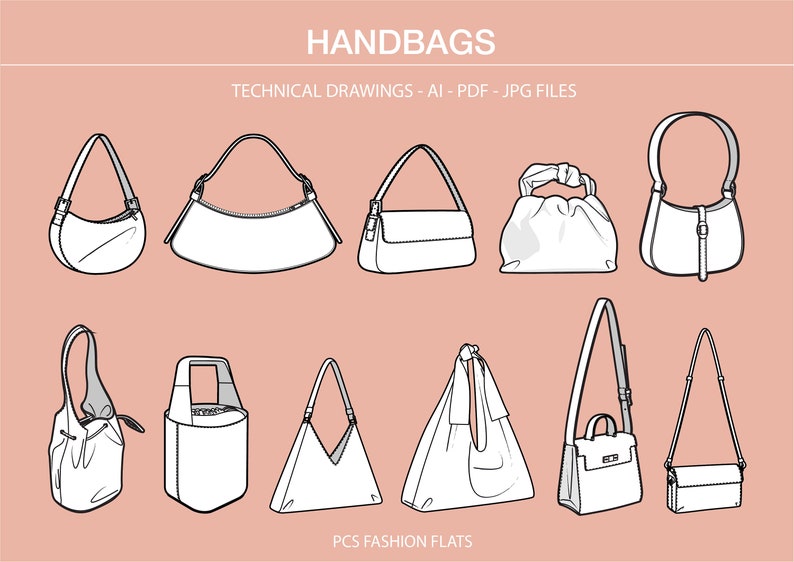 Handbags Ai, Technical Flat Drawing, Shoulder Bag CAD, Illustrator ...