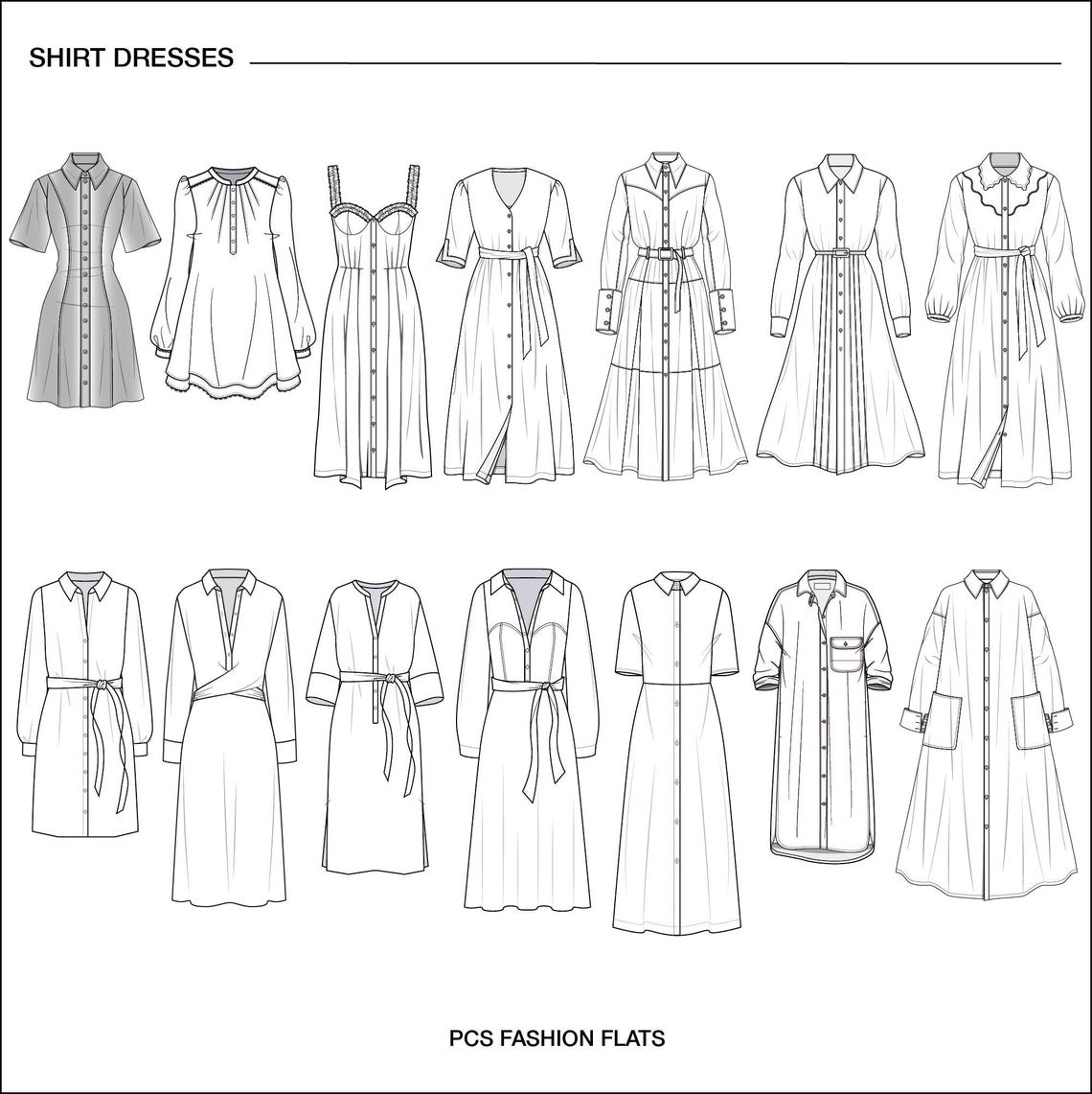 Shirt Dress Technical Drawing, Button Down Dress CAD, Dress Flat Sketch ...
