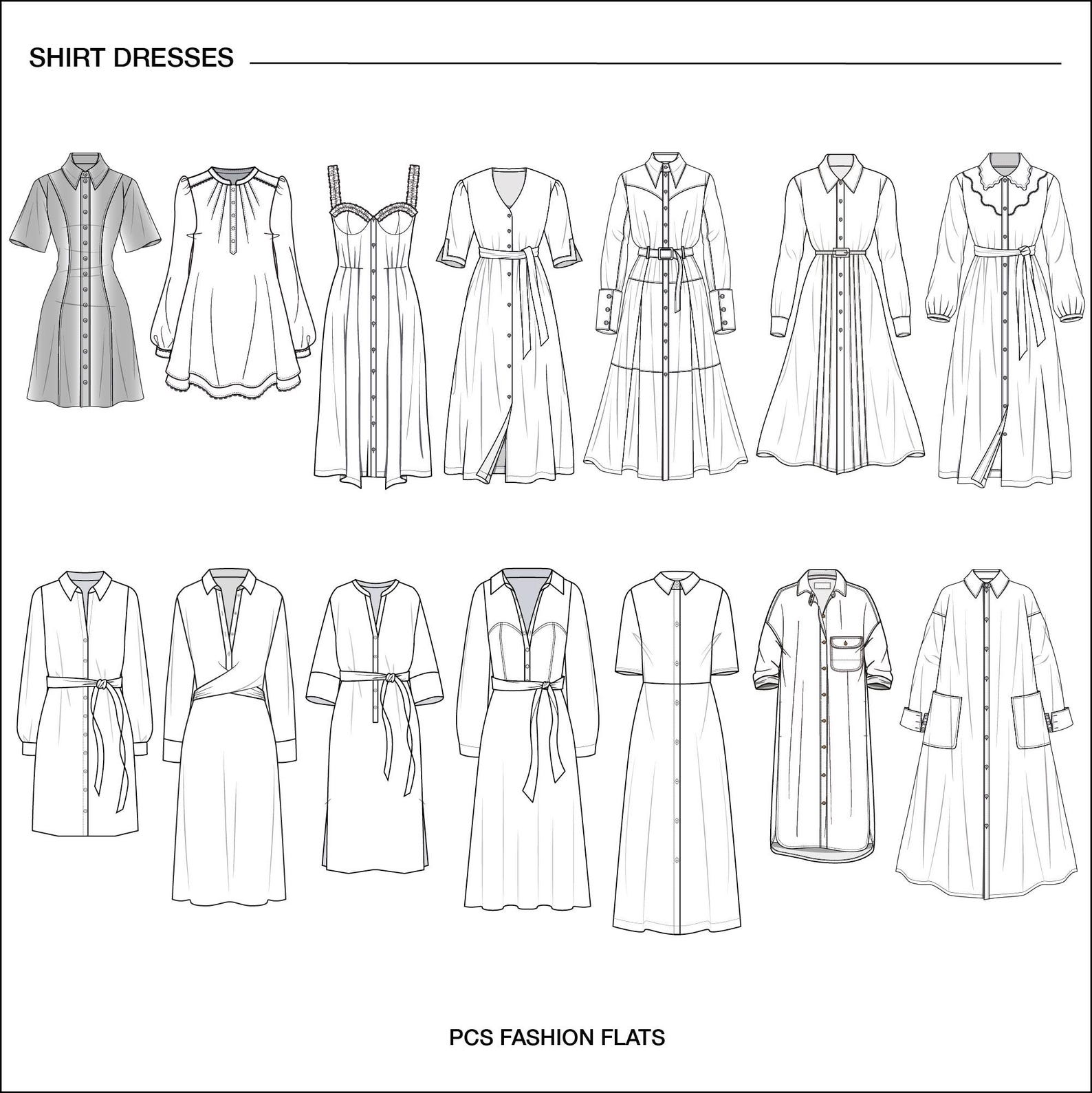 Shirt Dress Technical Drawing, Button Down Dress CAD, Dress Flat Sketch ...