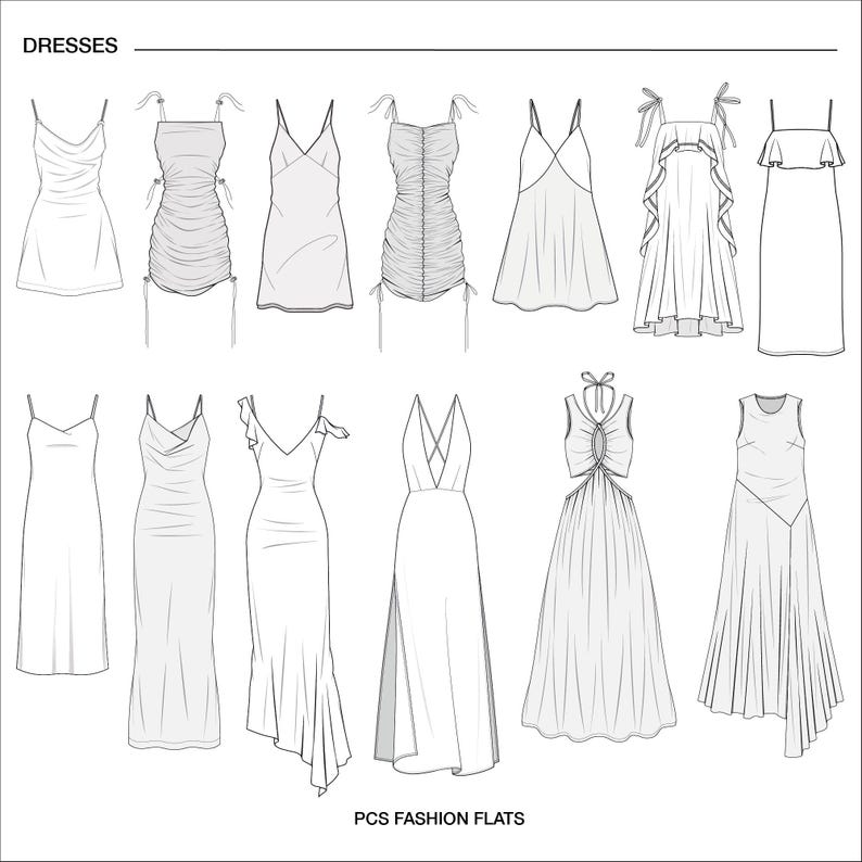 Slip Dress Technical Drawing, Ruched Dress Flat Sketch, Tie Detail ...