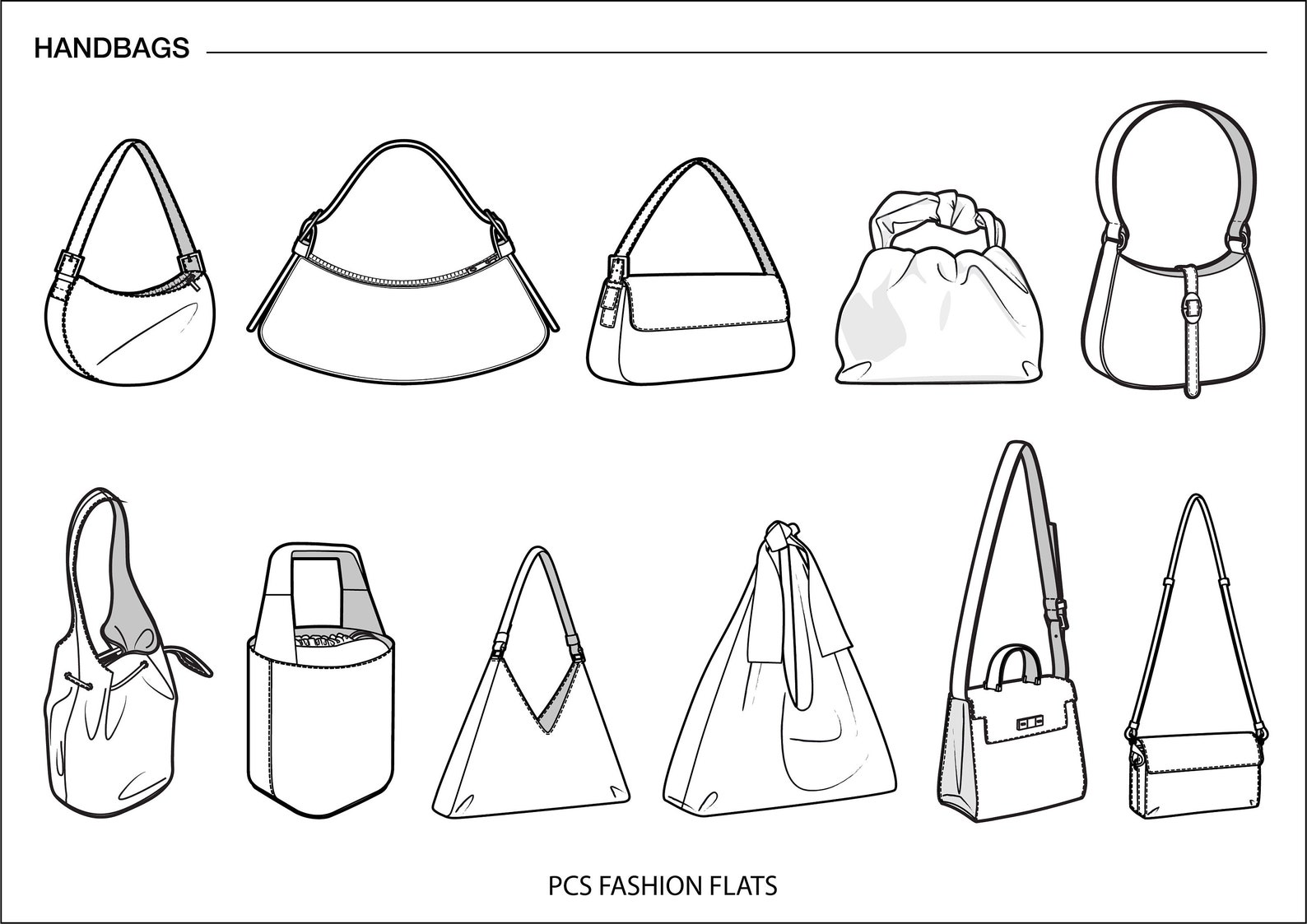 Handbags Ai, Technical Flat Drawing, Shoulder Bag CAD, Illustrator ...