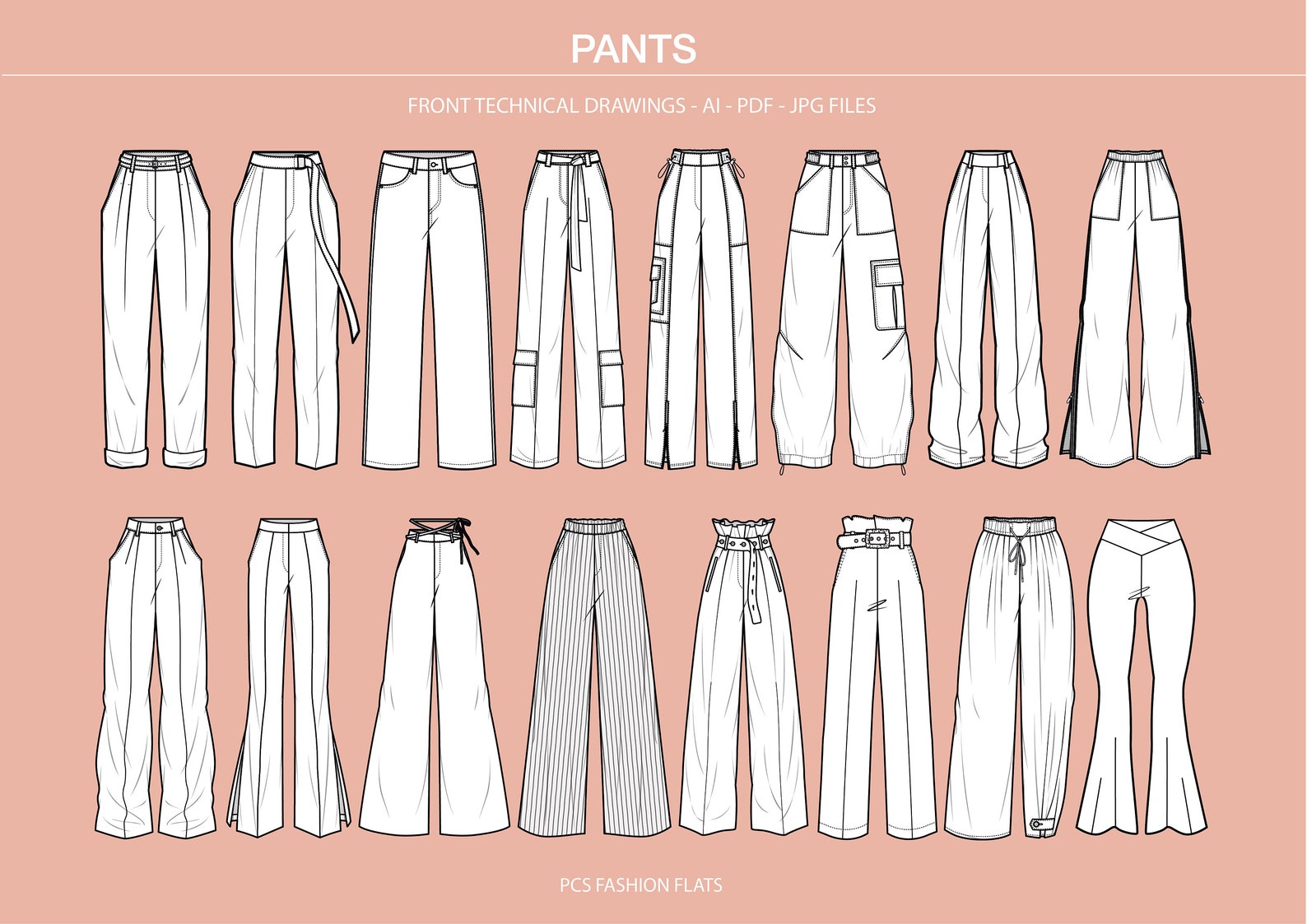 Cargo Pants Ai, Wide Leg Pant, Technical Flat Drawing, Trouser CAD ...