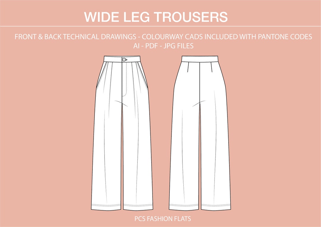 Wide Leg Trousers Ai, Technical Flat Drawing, Bottoms Technical Drawing ...