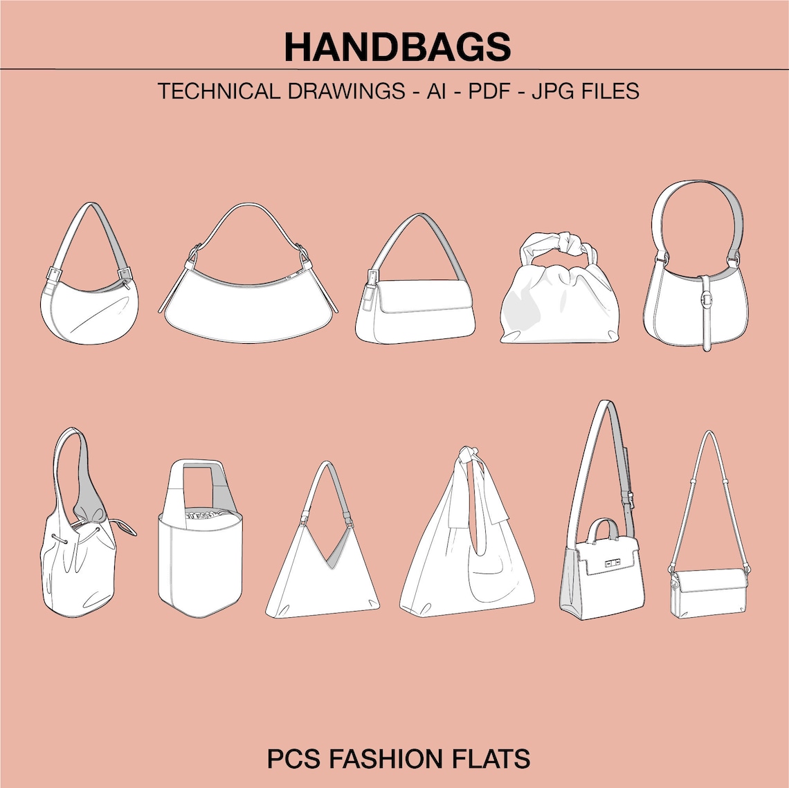 Handbags Ai, Technical Flat Drawing, Shoulder Bag CAD, Illustrator ...
