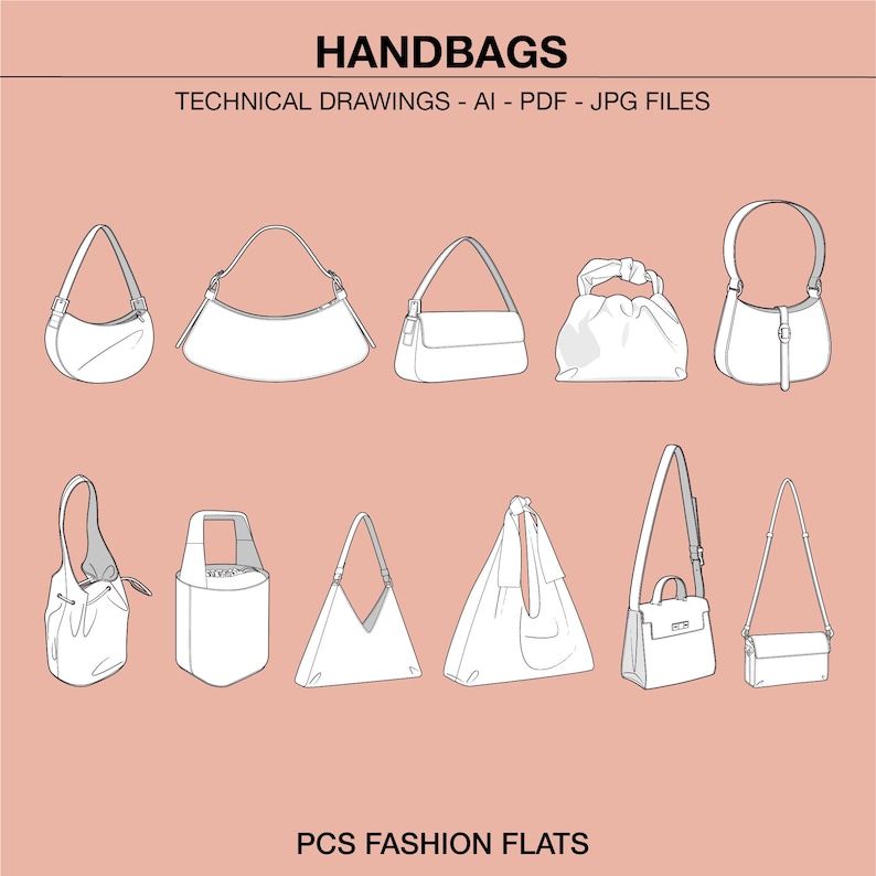 Handbags Ai, Technical Flat Drawing, Shoulder Bag CAD, Illustrator ...