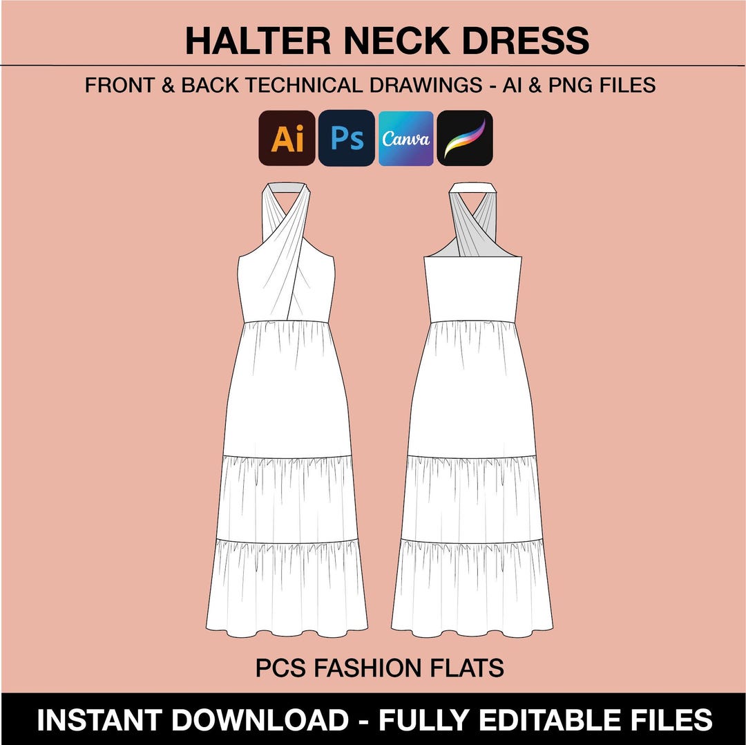 Halter Neck Dress Tech Pack Mockup: Fashion Design Vector (AI, PNG ...