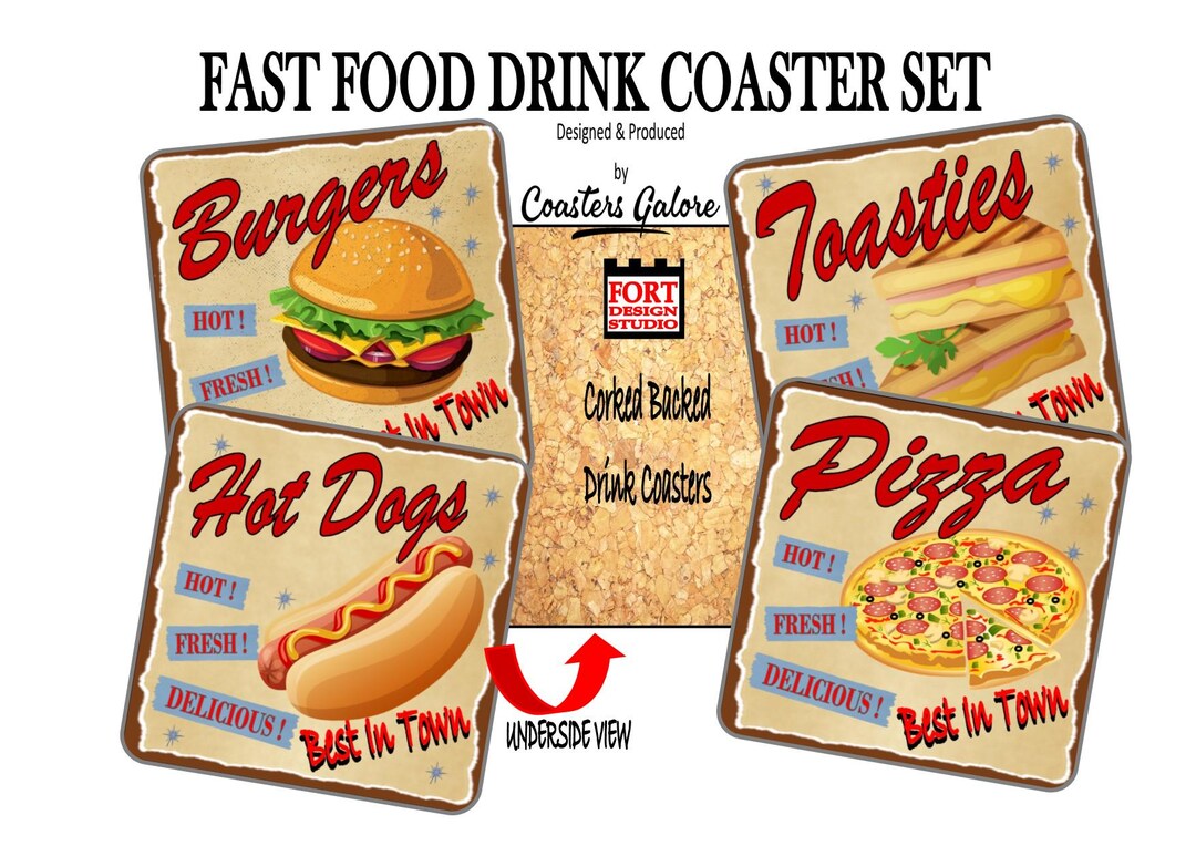 Fast Food Drinks Coaster Set, Burger, Hot Dog, Pizza, Toastie, Fast ...