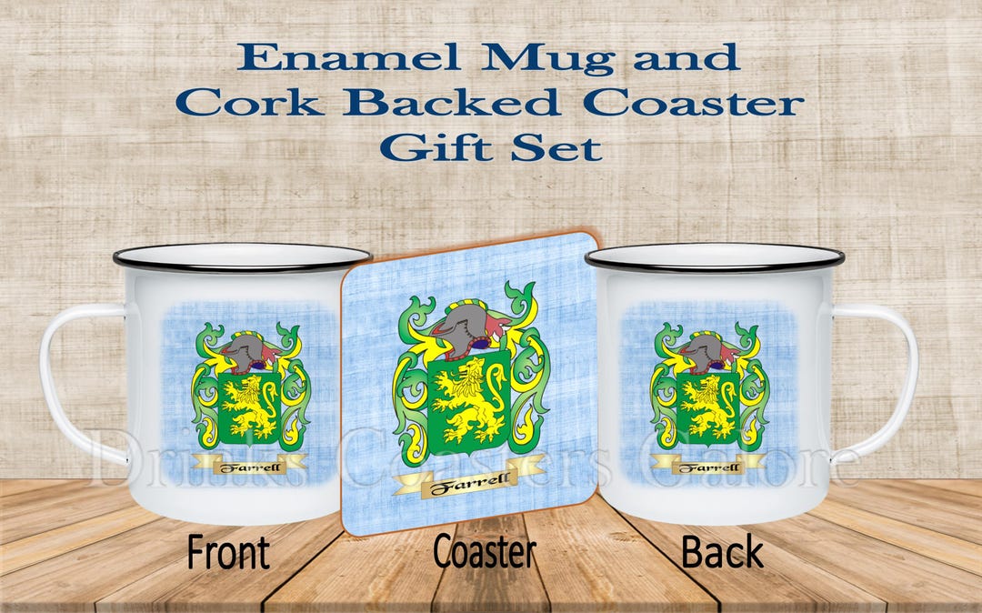 Personalised Coat of Arms Family Crest Enamel Mug & Cork Backed Coaster ...