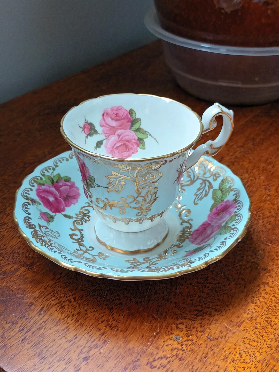 Fabulous Rare Vintage Foley Bone China Ornate Pale Blue , Pink Roses ...