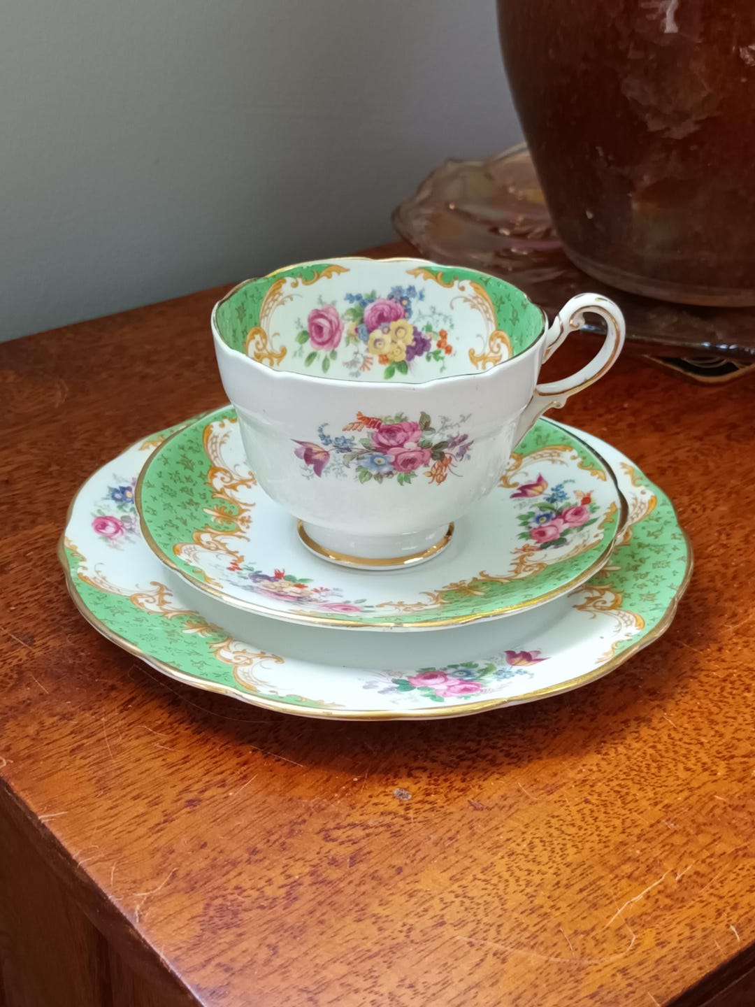 Beautiful Rare Vintage Paragon Rockingham Trio Tea Set . Green Wide Rim ...
