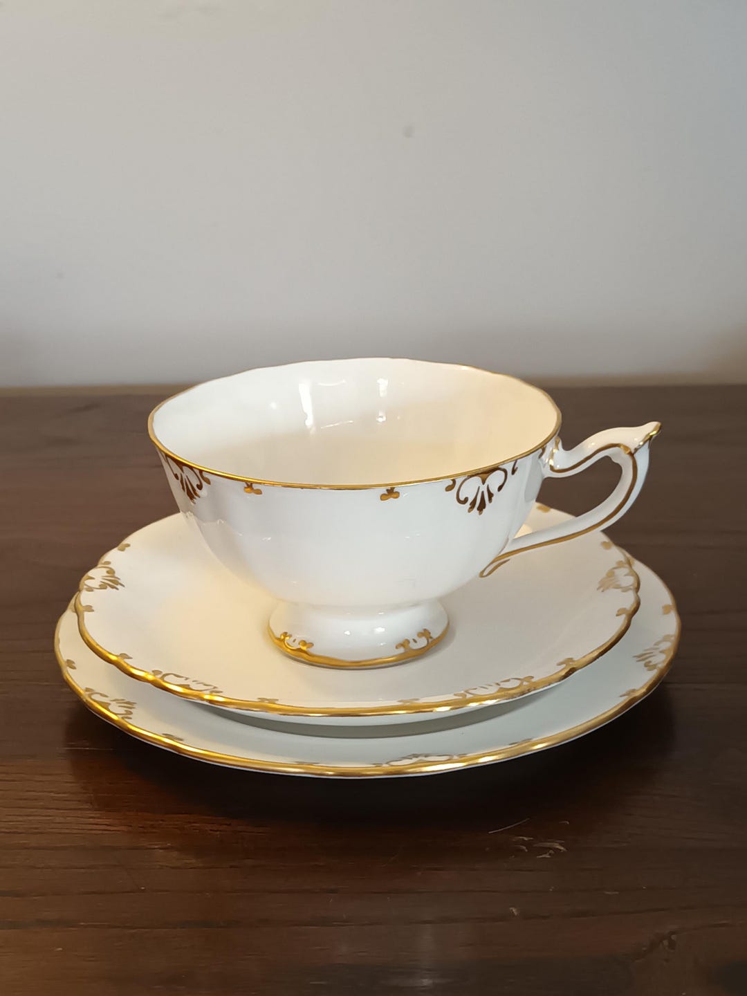 Stunning Rare Vintage Royal Crown Derby Cream and Gold Wide Rim Trio ...