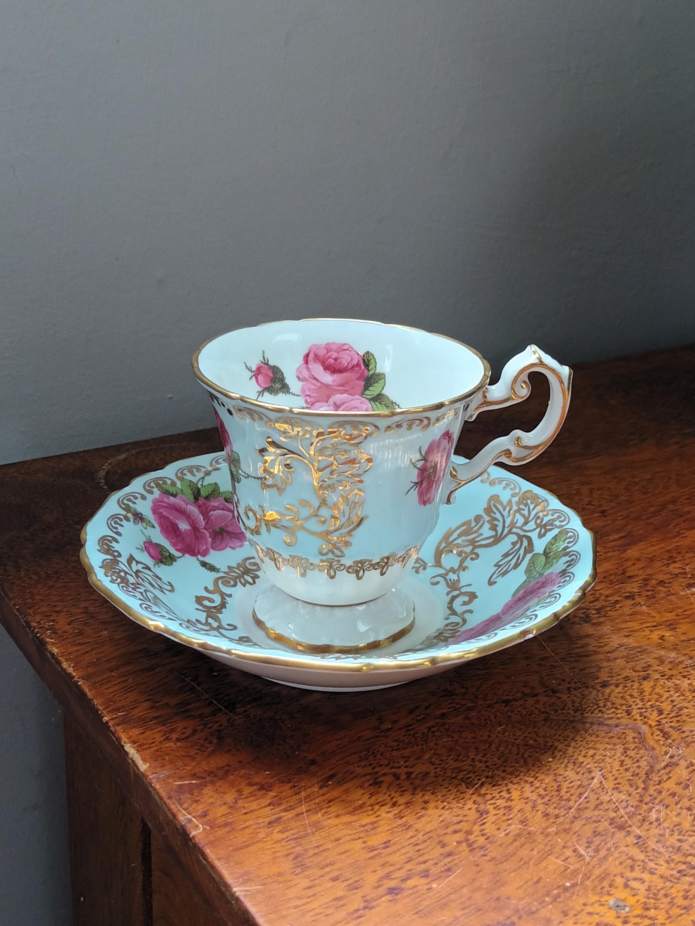 Fabulous Rare Vintage Foley Bone China Ornate Pale Blue , Pink Roses ...
