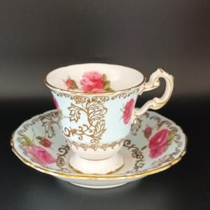 Fabulous Rare Vintage Foley Bone China Ornate Pale Blue , Pink Roses ...