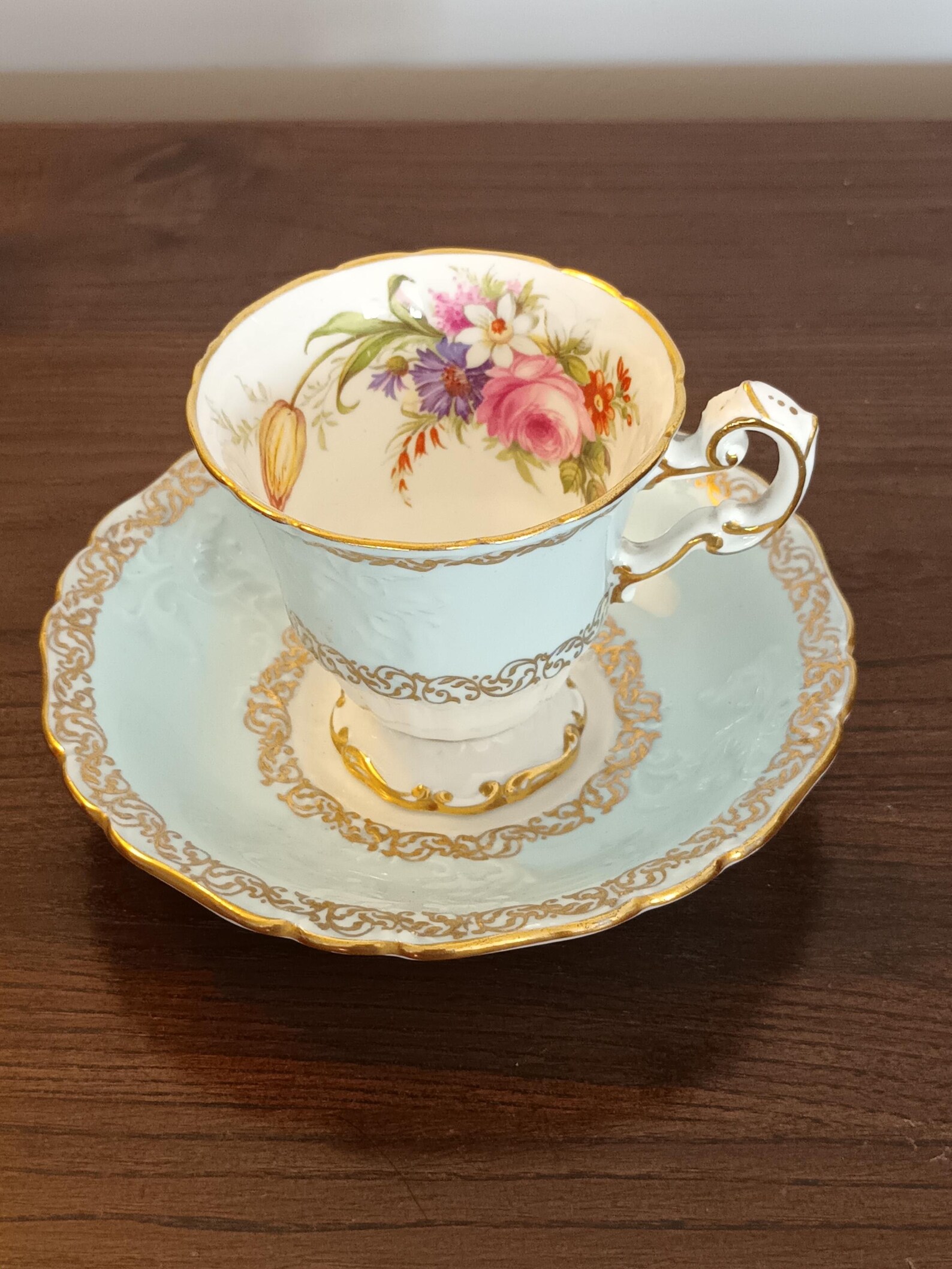 Fabulous Rare Vintage Foley Bone China Ornate Pale Blue , Pink Peony ...