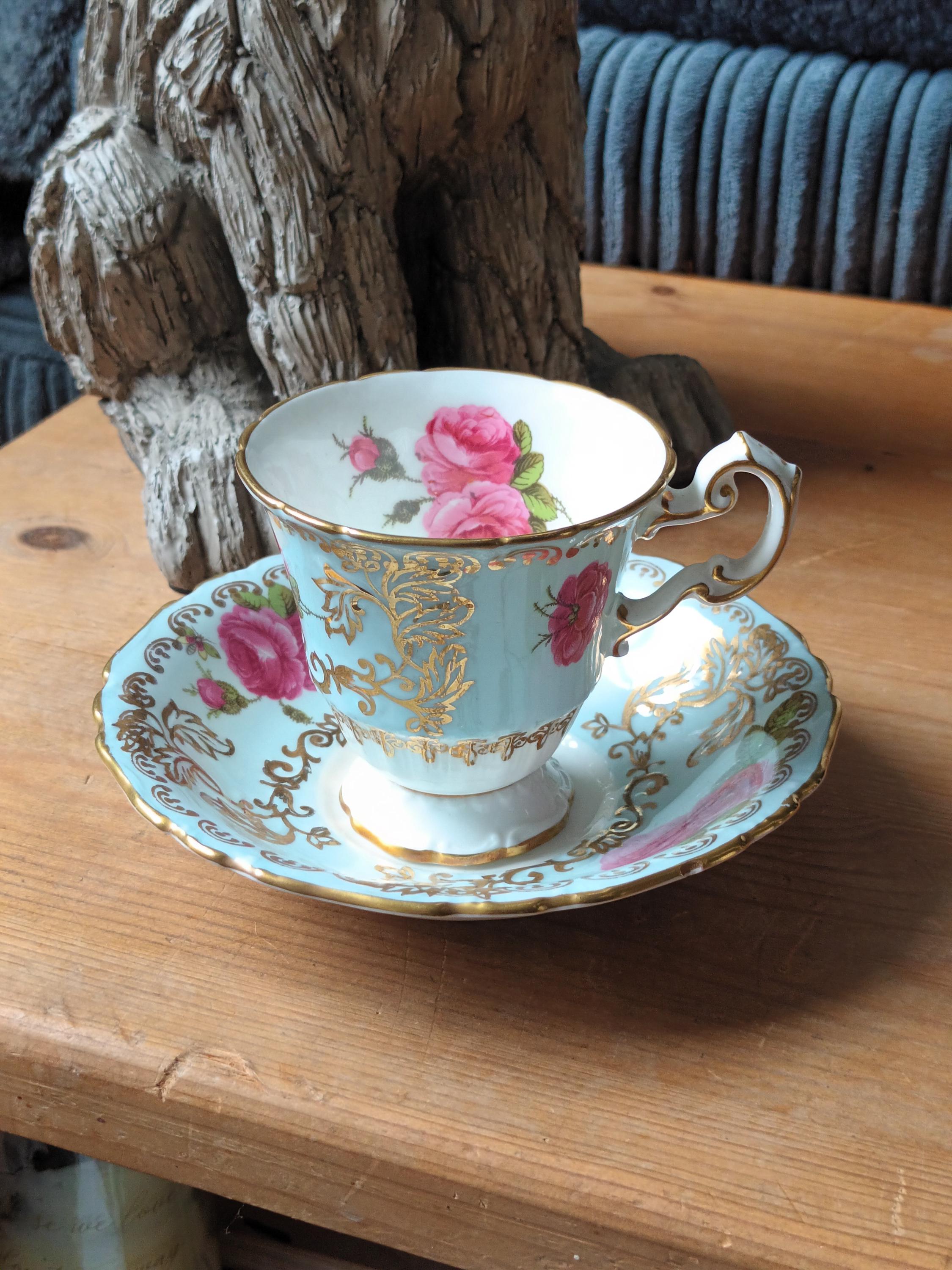 Fabulous Rare Vintage Foley Bone China Ornate Pale Blue , Pink Roses ...