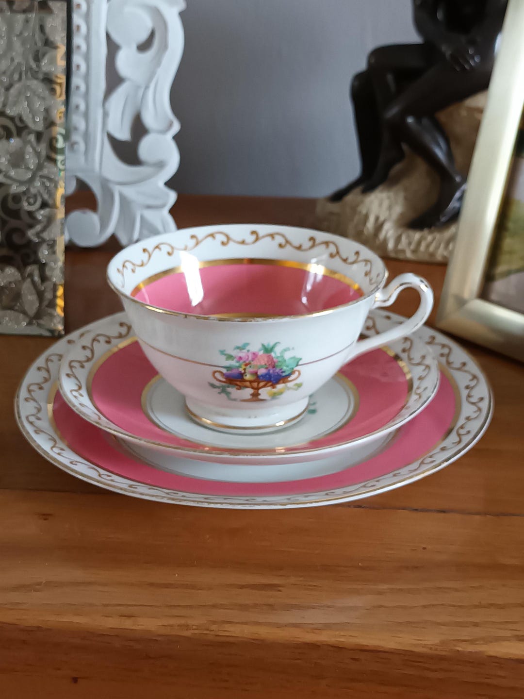 Beautiful Rare Foley English Bone China Pink and Gold Floral Trio Tea ...