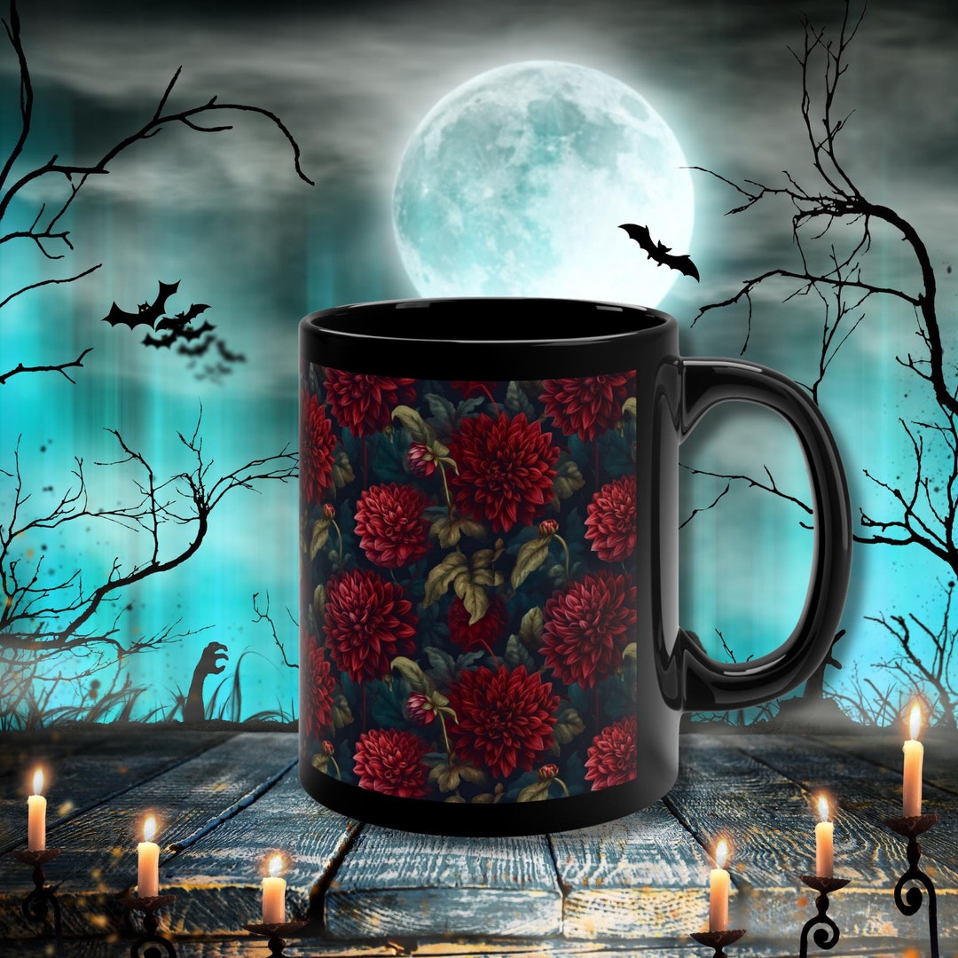 Coffee Mug, Gothic, Dark Red Dahlia and Black Mug, Witchy, Goblincore ...