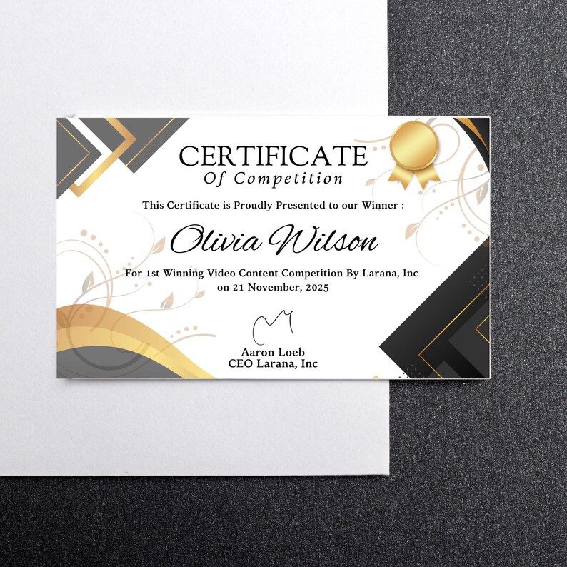 Black Gold Modern Elegant Certificate of Competition Certificate - Etsy