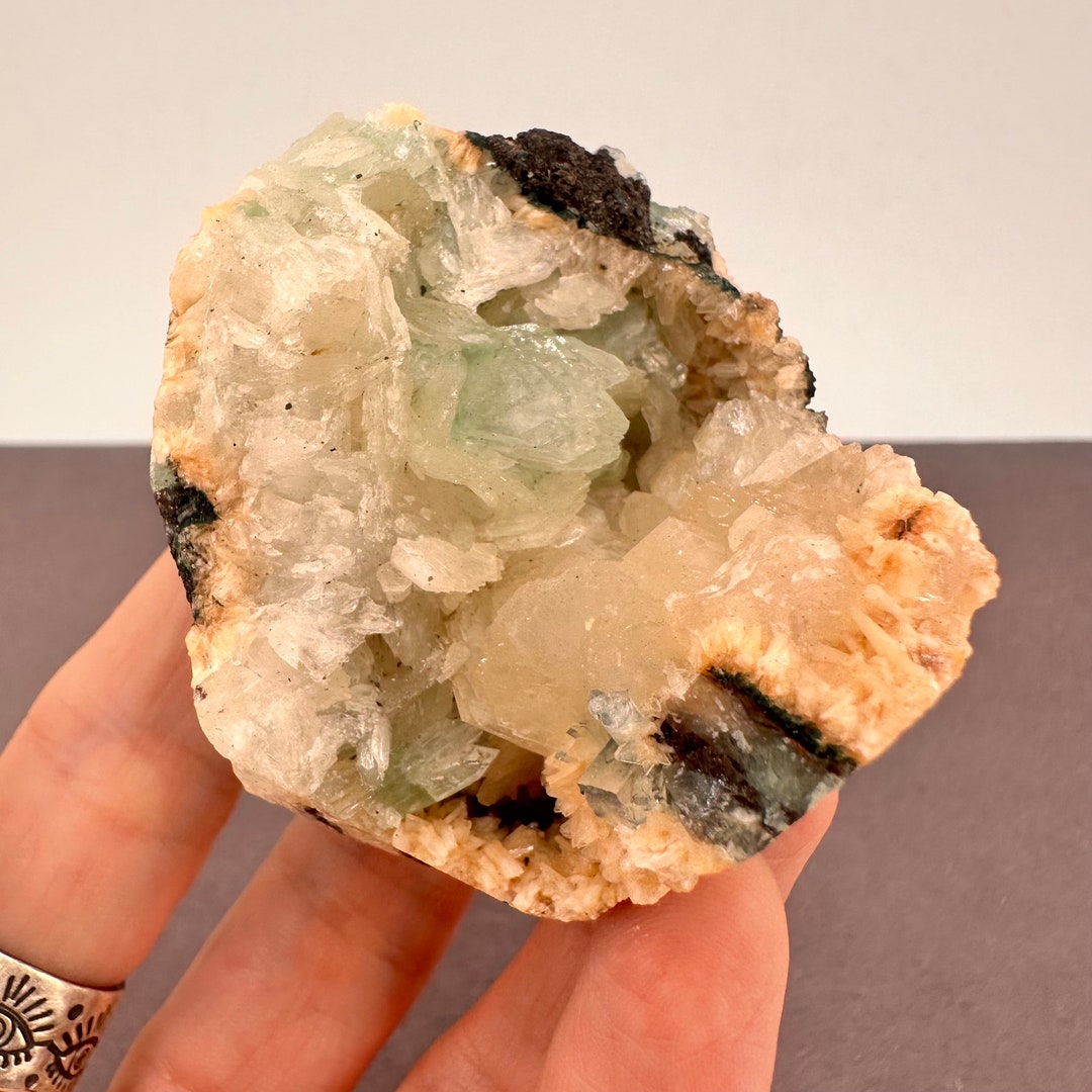 Green Apophyllite Flower Geode With Peach Stilbite & Pink Heulandite - Etsy