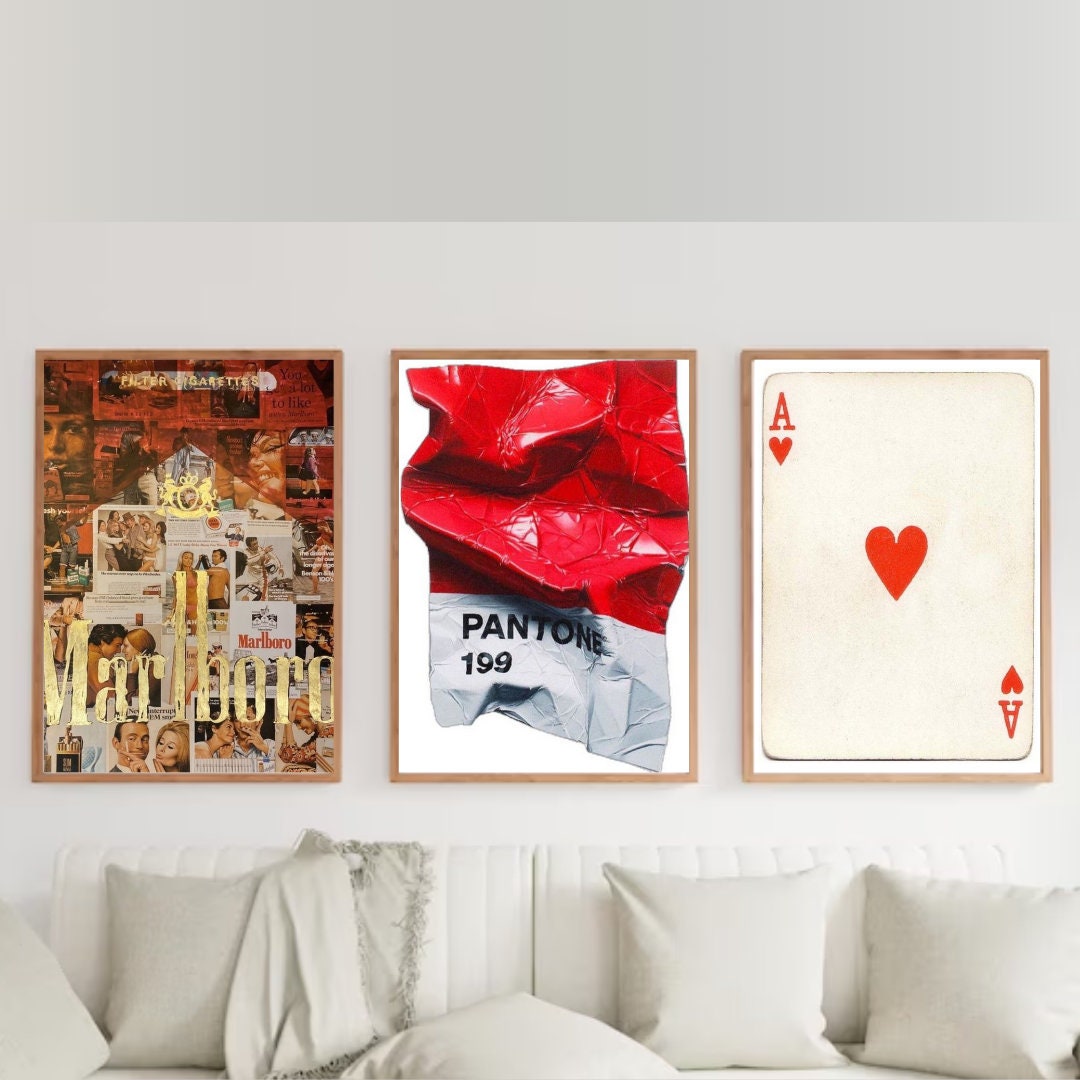 Set of 3 Prints, DIGITAL Prints, Red Art, Collage Prints, Ace, Marlboro ...