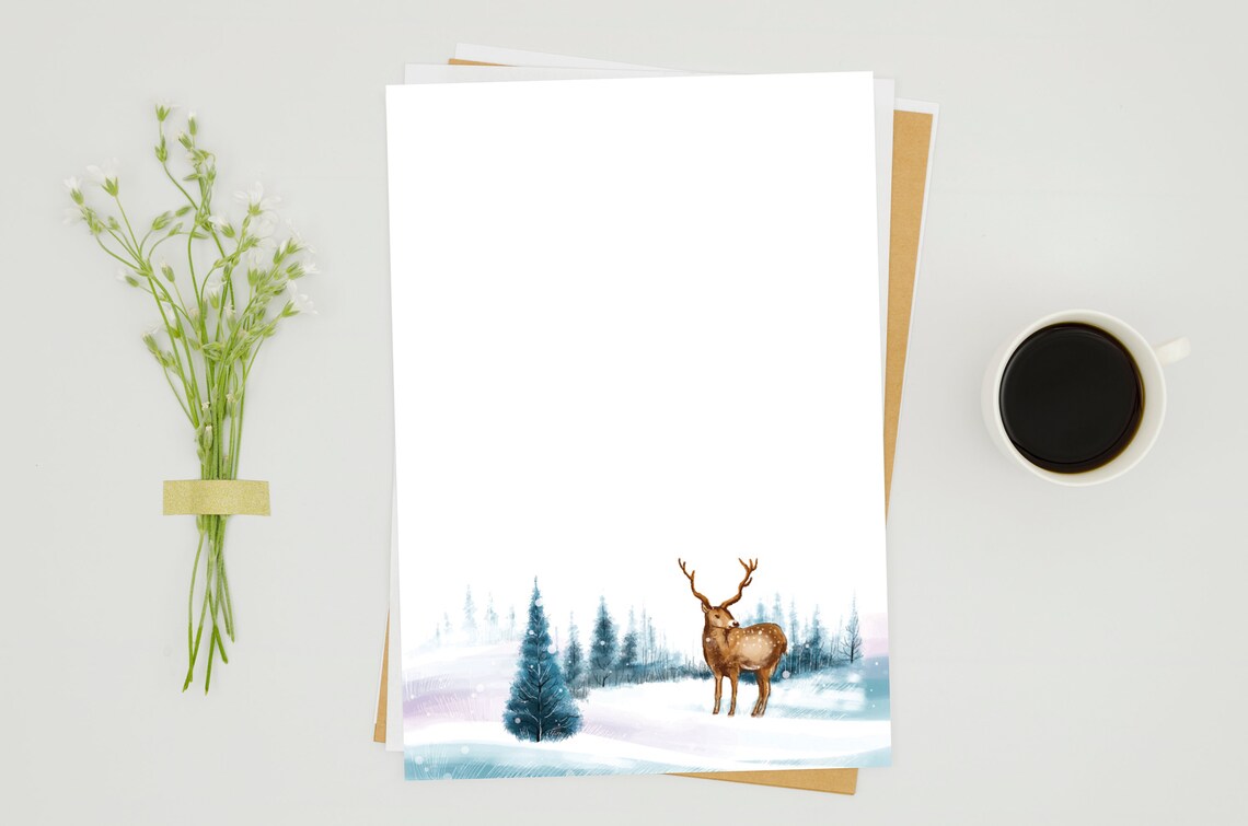 Winter Printable Writing Notepaper Stationery, Winter Deer in the Snow ...