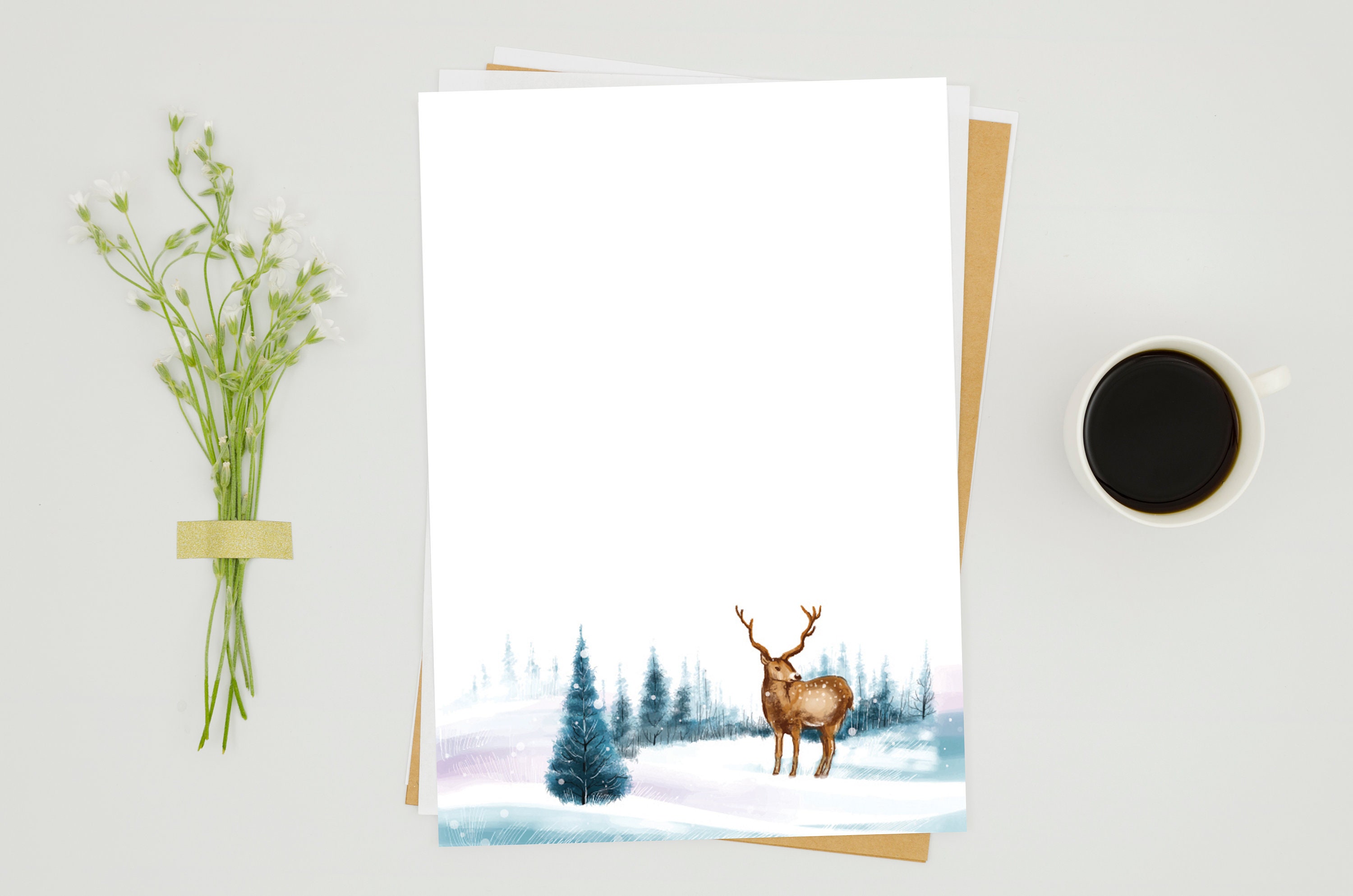 Winter Printable Writing Notepaper Stationery, Winter Deer in the Snow ...